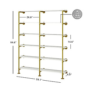 MAIKAILUN 6-Tier 60 inch Industrial Pipe Shelving, Gold Bookshelf, White and Gold Shelves, Modern Bookcase Metal Mid Century Open Wall Mount Decor Retail Shelving for Living Room(59.1x9.8x84.6)