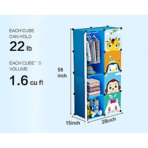 MAGINELS Children Wardrobe Kid Dresser Cute Baby Portable Closet Bedroom Armoire Clothes Hanging Storage Rack Cube Organizer(Blue, 6 Cube & 1 Rod)