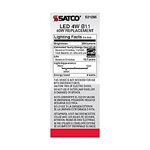 Satco S21265/06 4-Watt LED E12 Light Bulbs, 3000K, 15000 Hour Rating, Dimmable, 6 Pack