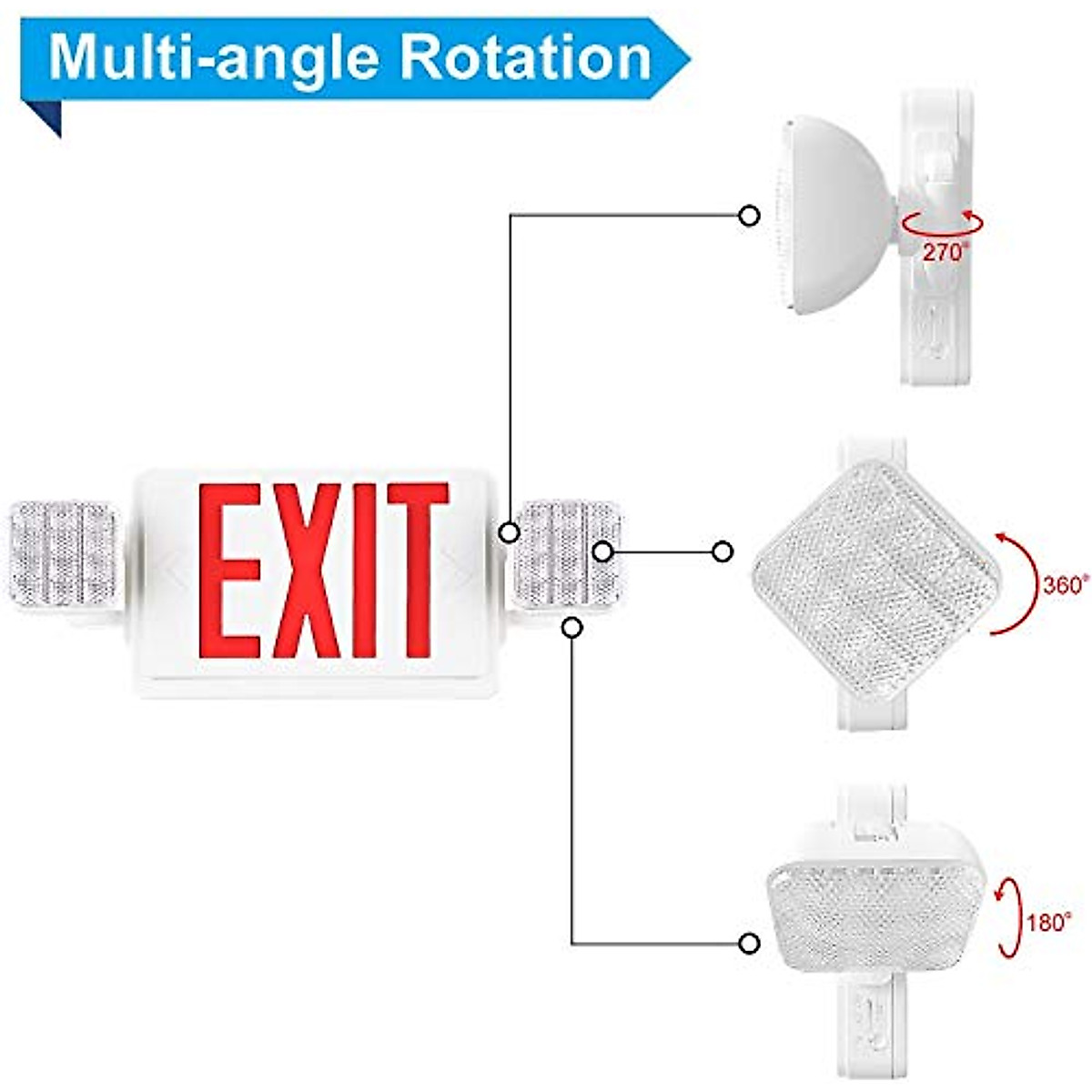 EXITLUX 6 Pack Red Led Emergency Exit Lights with Battery Backup-Two LED Adjustable Head Emergency Exit Lights -US Standard UL Listed &CEC Qualified-120V-277V-Emergency Lights for Home Power Failure