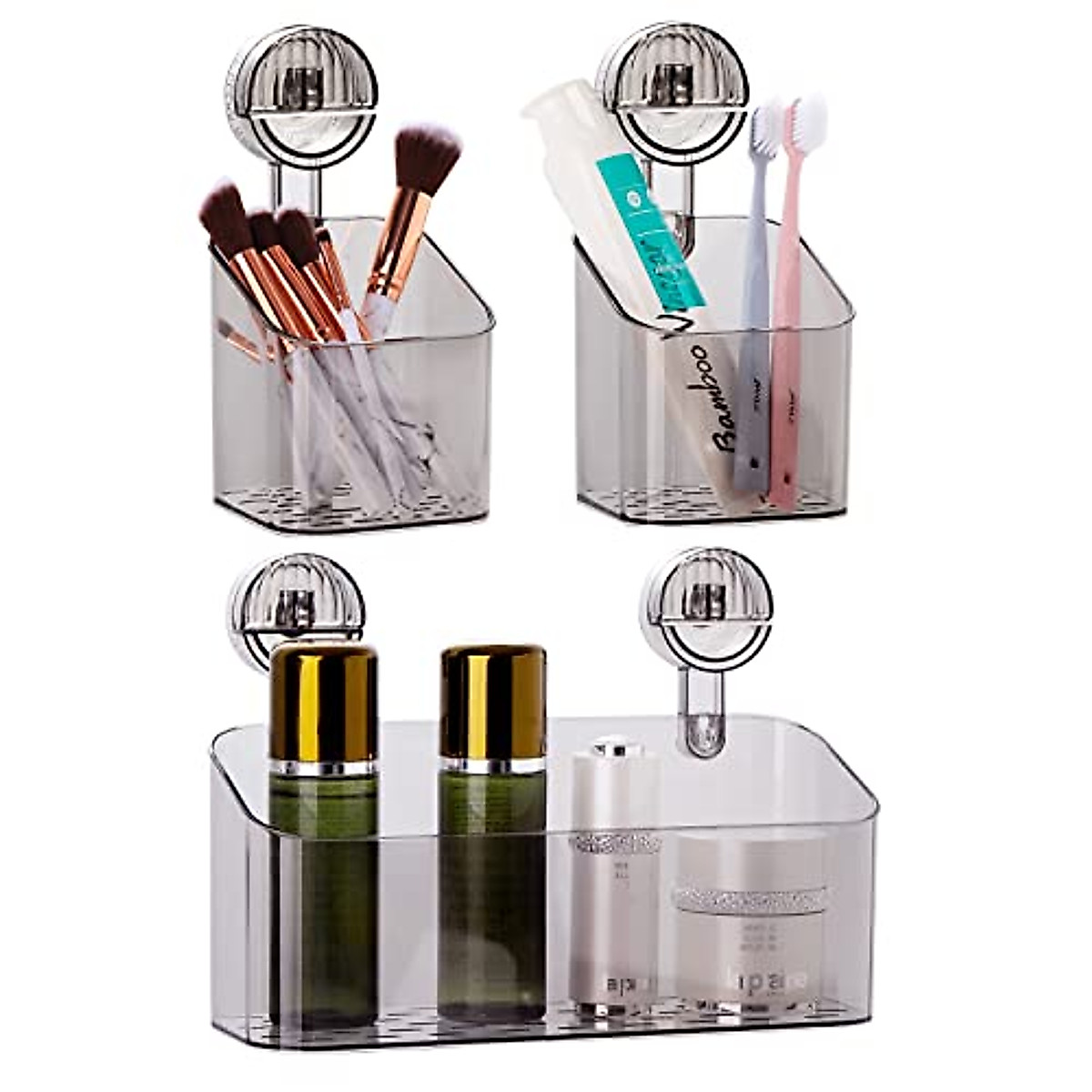 Dobbyby 3-Pack Suction Cups Wall Mounted Makeup Brush Holder Toothbrush Holder Skincare Organizer Shower Caddy Wall Spice Rack Storage Plastic Pet Holder Ideal for Kitchen or Bathroom, Smoke