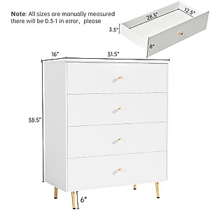 Greenvelly White 4 Drawer Dresser, 44” Tall Modern Dressers with Golden Metal Legs, White Dressers with 4 Drawers, Wood Storage Chest of Drawers for Bedroom, Living Room