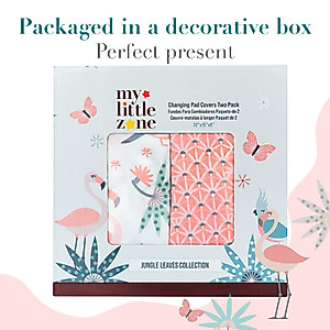My Little Zone 100% Cotton Changing Pad Cover for Baby Girls, Flamingo - Breathable Bassinet, Mini Crib Mattress Fitted Sheets - Jungle Leaves, 32"x16" with 8" Deep Pocket, White-Coral Pink, 2 Pack