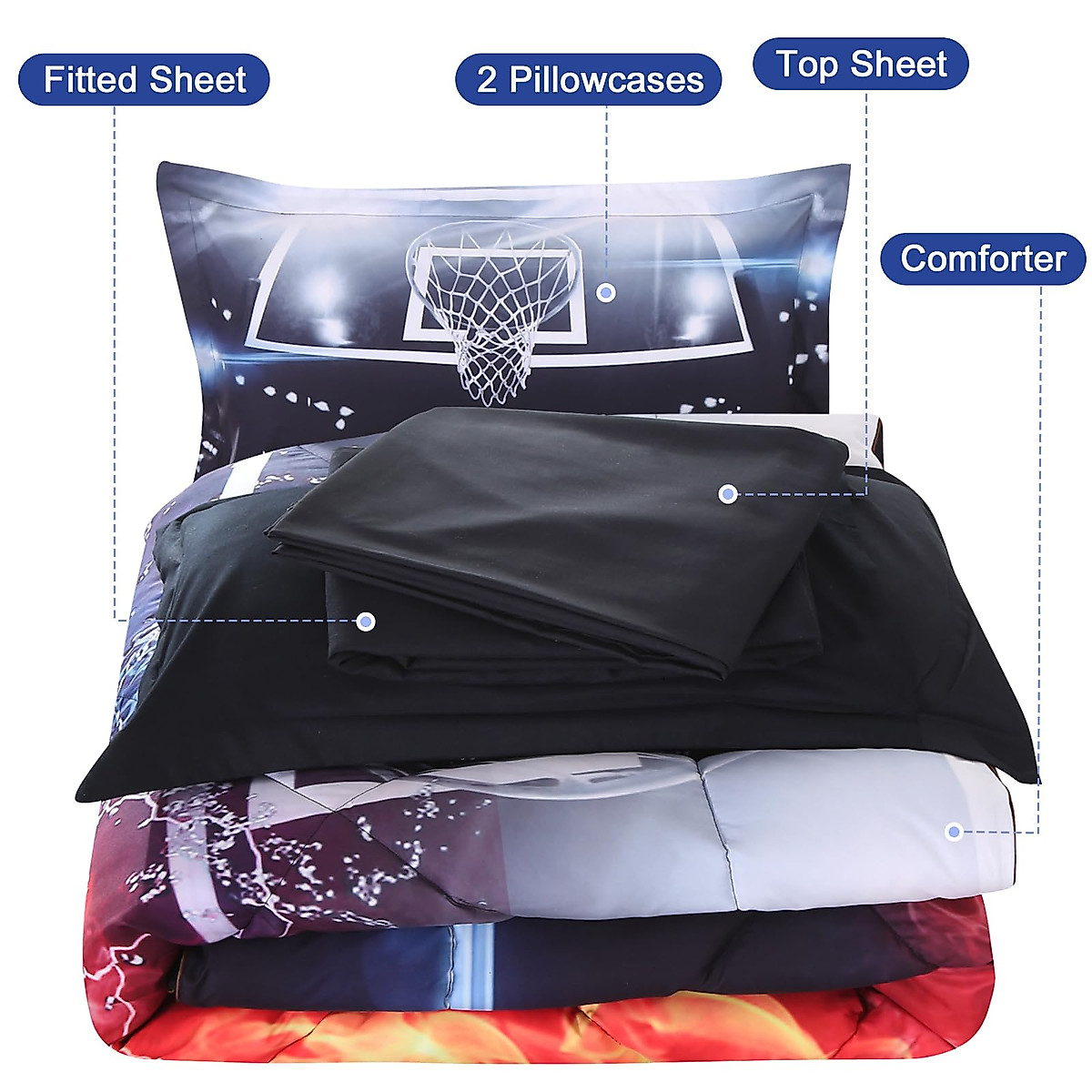 Wowelife Basketball Bedding Set Full Size 5 Pieces Basketball Sports Comforter Set Red Black 3D Fire Water Kids Comforter Sets Breathable with Comforter, Flat Sheet, Fitted Sheet and 2 Pillowcases