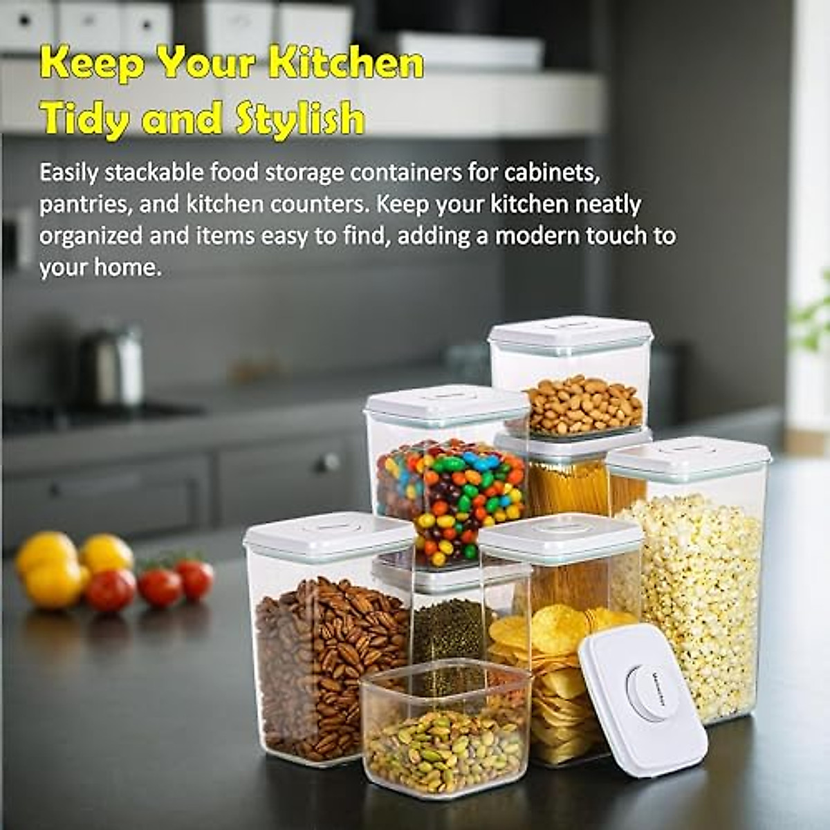 EE Airtight Food Storage Containers Set with Lids - Stackable BPA-Free Containers for Kitchen Pantry Organization, Ideal for Cereal, Snacks, Flour, Sugar, Coffee, and Spaghetti (8-piece)