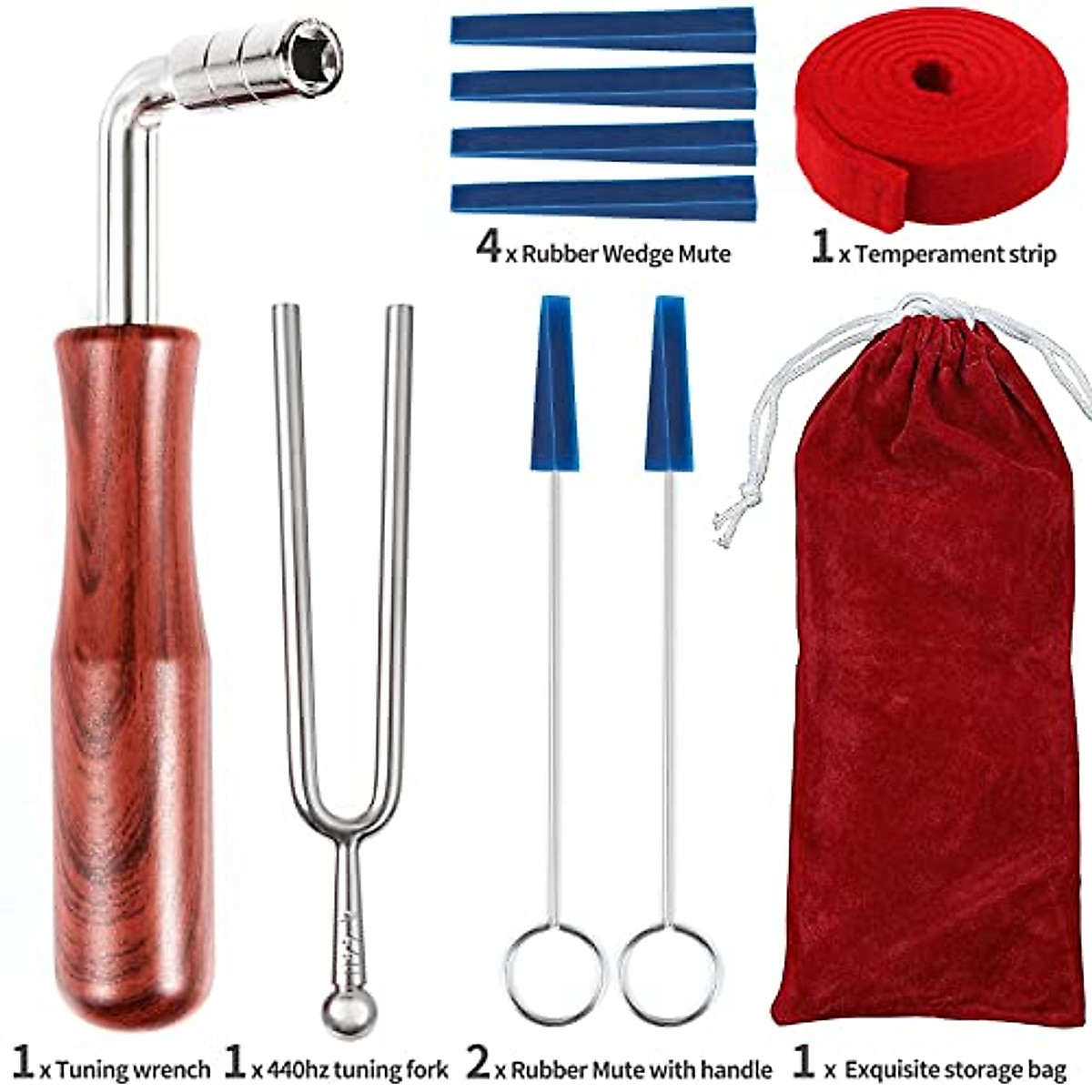 Piano Tuning Kit Professional Wrench Hammer Rubber Mutes Set Including 9 pcs Tuning Tools for Piano Tuning with Tuner