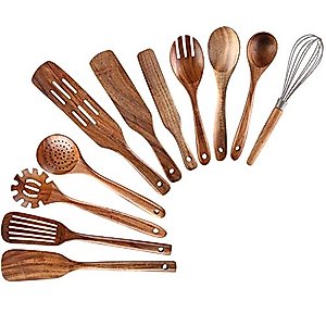 Kitchen Utensils Set, NAYAHOSE 11 Pcs Teak Wood Cooking Utensils Spoons Spatulas Spurtles Kit Non-stick Natural Kitchen Tools for Cooking