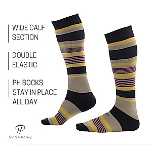 Pierre Henry Over the Calf Mens Dress Socks (9 Pairs) | Cotton Made, Long Socks, Wide Socks | Light Compression Socks for Men in Elegant Striped Patterns | Big and Tall Size (US Mens Shoe 12-16)