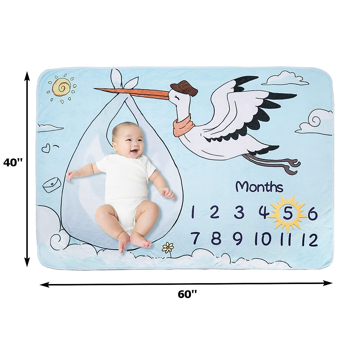 Baby Monthly Milestone Blanket Stork Carrying Baby Newborn Month Flannel Fleece Blanket Neutral Unisex Baby Boy Baby Girl Shower Gifts Double Sided Star 60" L x 40" W