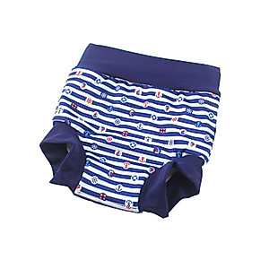 Leideur Baby Swim Nappies for Kids Cover Diaper High-Waisted Swimming Shorts (3-5 Years, Navy Stripe+Blue (Fish))