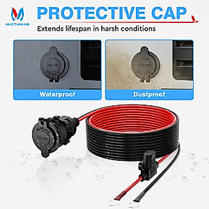 MICTUNING 12ft Car Female Cigarette Lighter Plug Extension Cable 12AWG 12V 24V with Threaded Socket to 0.33" Ring Eyelet Terminals, Battery Cord with Inline Blade Fuse 25A 20A