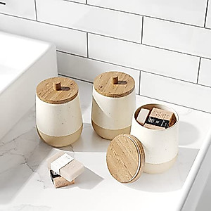 Barnyard Designs S/3 Ceramic Bathroom Canisters, Apothecary Jars with Lid, Qtip Holder Bathroom Set Cotton Ball Holder Jar for Bathroom Storage, Decorative Bathroom Jar with Lid, Spa Decor, 4.75x6, Beige