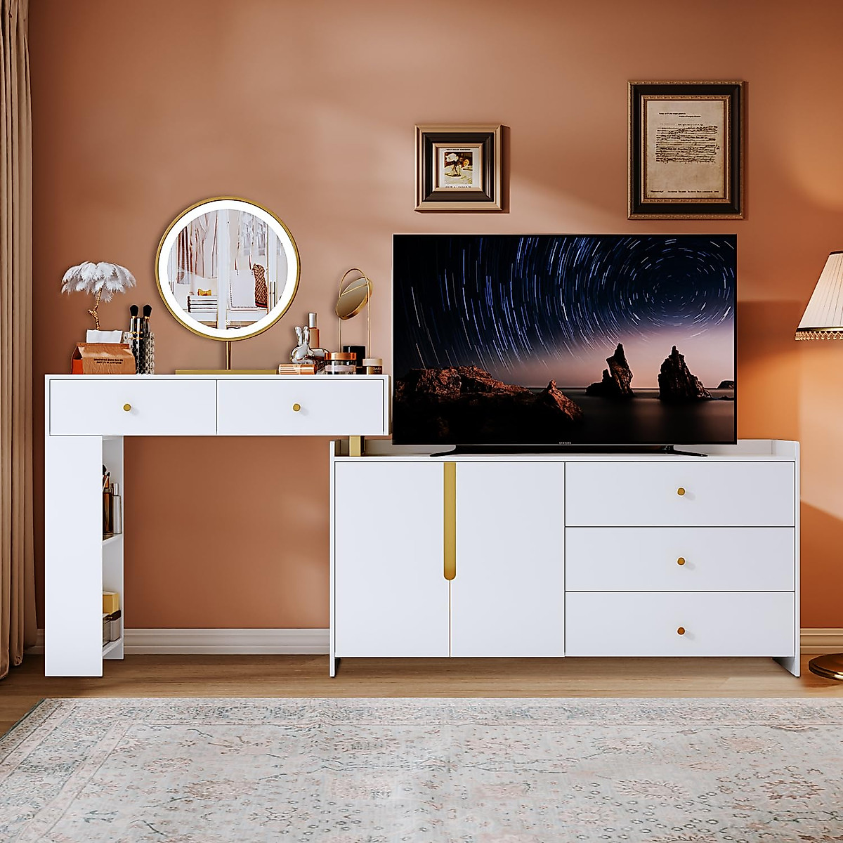 Vanity desk with mirror and lights, 3 Color Touch Screen,Modern Retractable Makeup Dressing Table with Adjustable Cabinet and 5 Sliding Drawers,Vanity Table Set ,Writing Desk Bedroom Essential,White