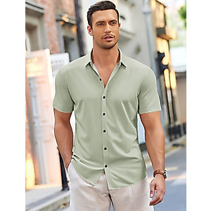COOFANDY Men's Summer Untucked Stretch Shirt Casual Button Down Short Sleeve Muscle Shirts Light Green