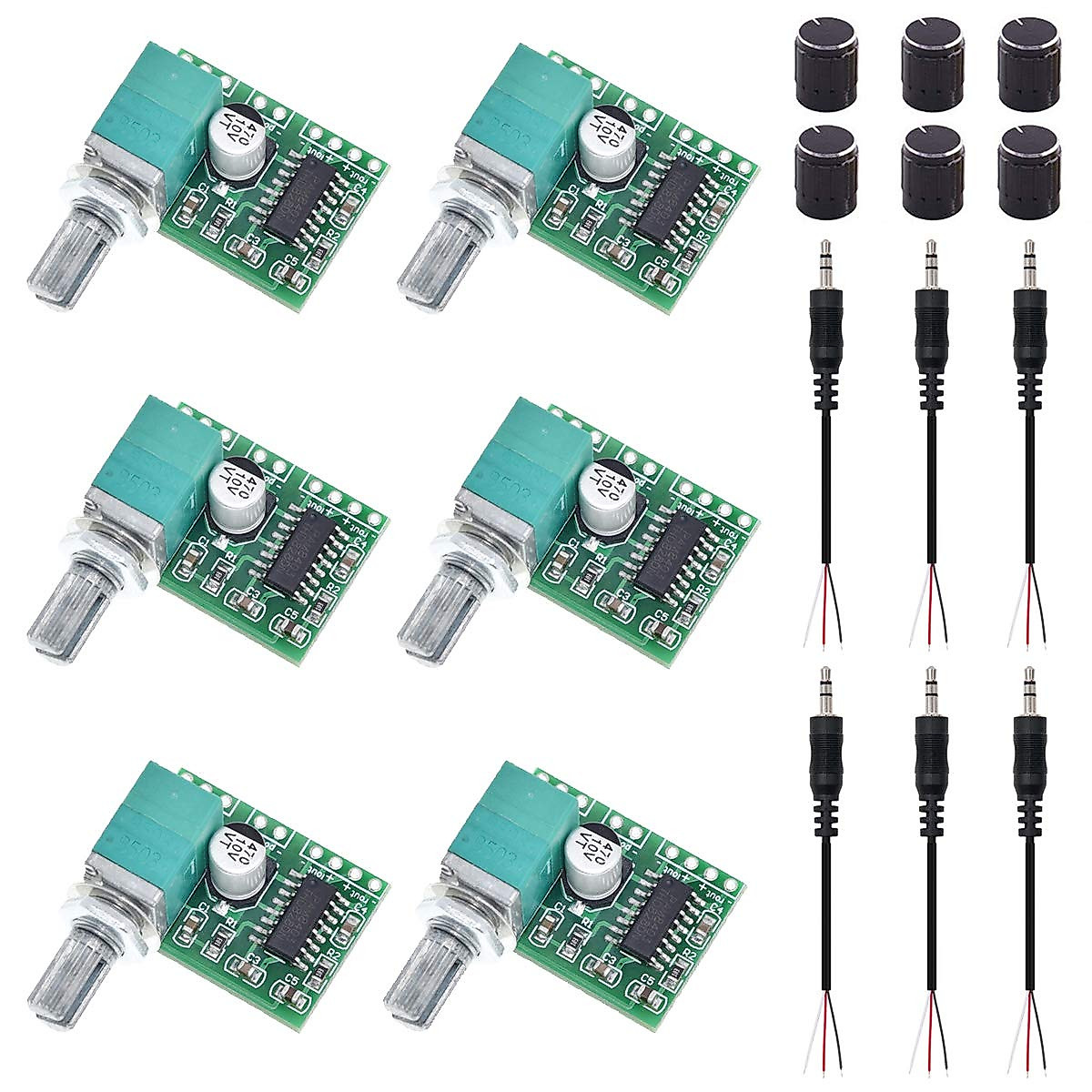 DAOKI 6PCS PAM8403 3W+3W Digital Power Amplifier Board DC 5V Dual Channel Stereo Power Amplifier Module with Volume Control Potentionmeter with 6PCS Knob Cap, 3PCS 3.5mm Audio Jack Cable