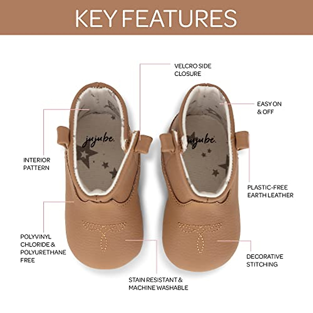 JuJuBe Eco Steps Baby Booties, Western Cowgirl or Cowboy Boots for Babies & Infants, Baby Boy or Baby Girl Shoe, Machine Washable Vegan Leather Baby Shoes, Brulee Brown - 6-9 Months