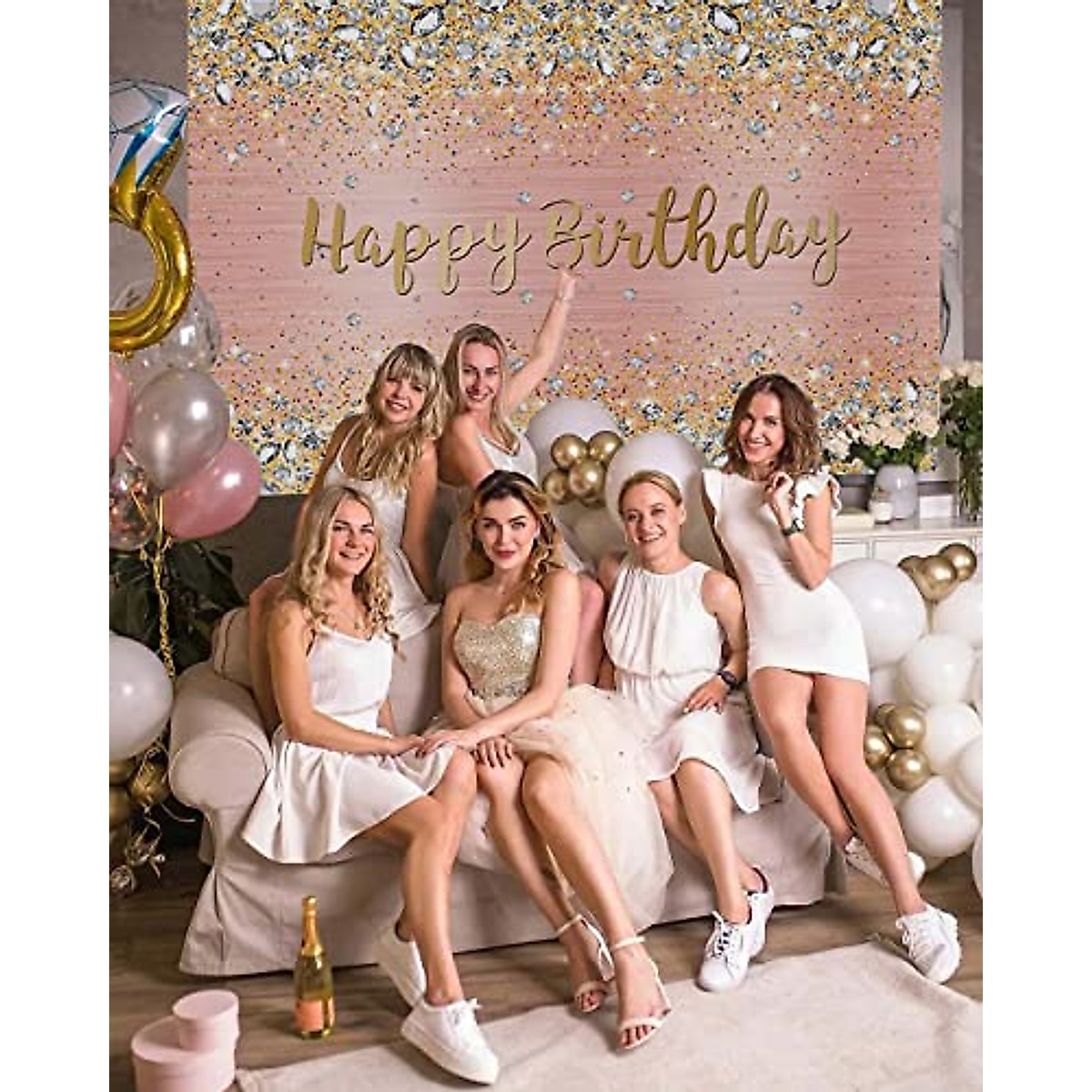 Happy Birthday Backdrop 7x5ft Diamonds Glitter Shining Pink and Gold Dot Sparkle Bokeh Photography Background for Women Girls Lady Sweet Party Decorations Photo Props