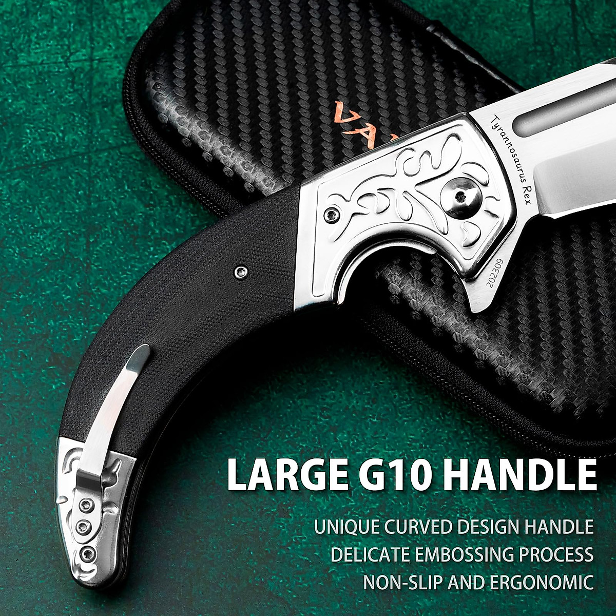 VALHALLA Pocket Knife, 3.7'' D2 Steel Folding Knife, Pocket Knife for Men with G10 Handle, Gifts for Men (TYRANNOSAURUS REX)