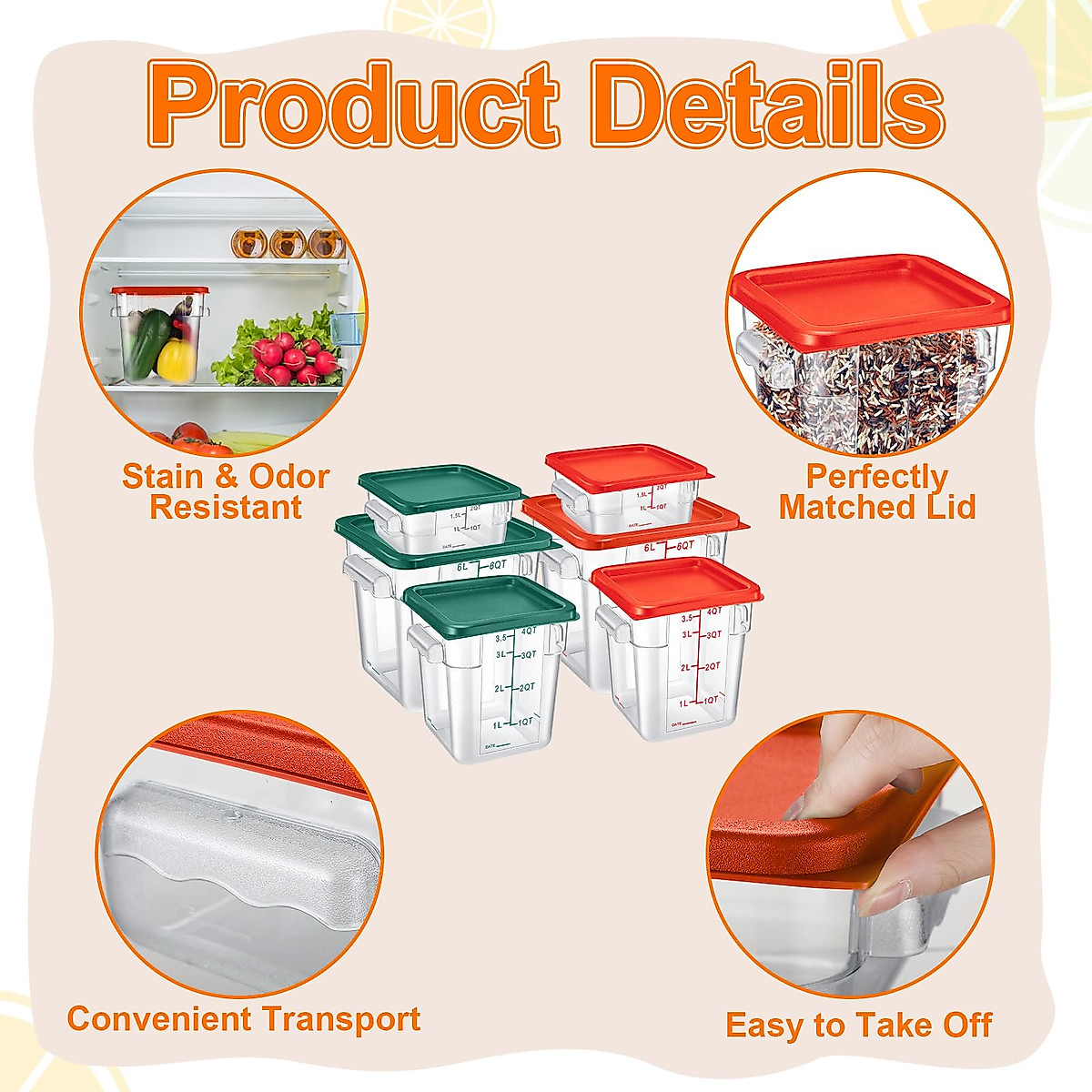 Suclain 6 Pcs Square Food Storage Container with Lid 2Qt 4Qt 6Qt Clear Commercial Food Storage Container with Scales Handles for Home Restaurant Kitchen Organizer, Polycarbonate(Red, Green)