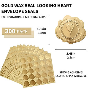 DreamBuilt 300pcs Gold Embossed Wax Seal Looking Heart Envelope Seals for Wedding Invitations / Greeting Cards / Party Favors, Self-Adhesive