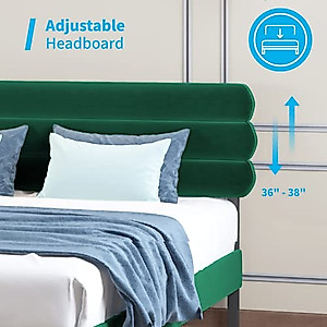 Mjkone King/Queen/Full Size Bed Frame| Fabric Padded Bedroom Furniture| Upholstered Bed Frame with Velvet Tufted Headboard Green/Dark Grey/Light Grey