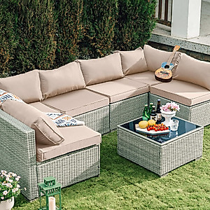 Skyfish 7 Pieces Patio Furniture Set - Outdoor Sectional Wicker Rattan Furniture with Cushion and Glass Table Patio Conversation Sets for Porch Poolside Backyard Outdoor Sofa Set Modular Sofa