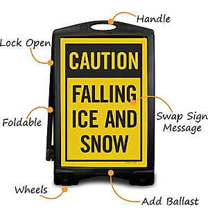 SmartSign "Caution Falling Ice And Snow" A-Frame Sidewalk Sign Kit, 36" x 24", Built-In-Wheels, Double-Sided Portable Plastic Sandwich Board, Set of 1 Foldable Black A-Frame + 2 Sign Panels, USA-Made