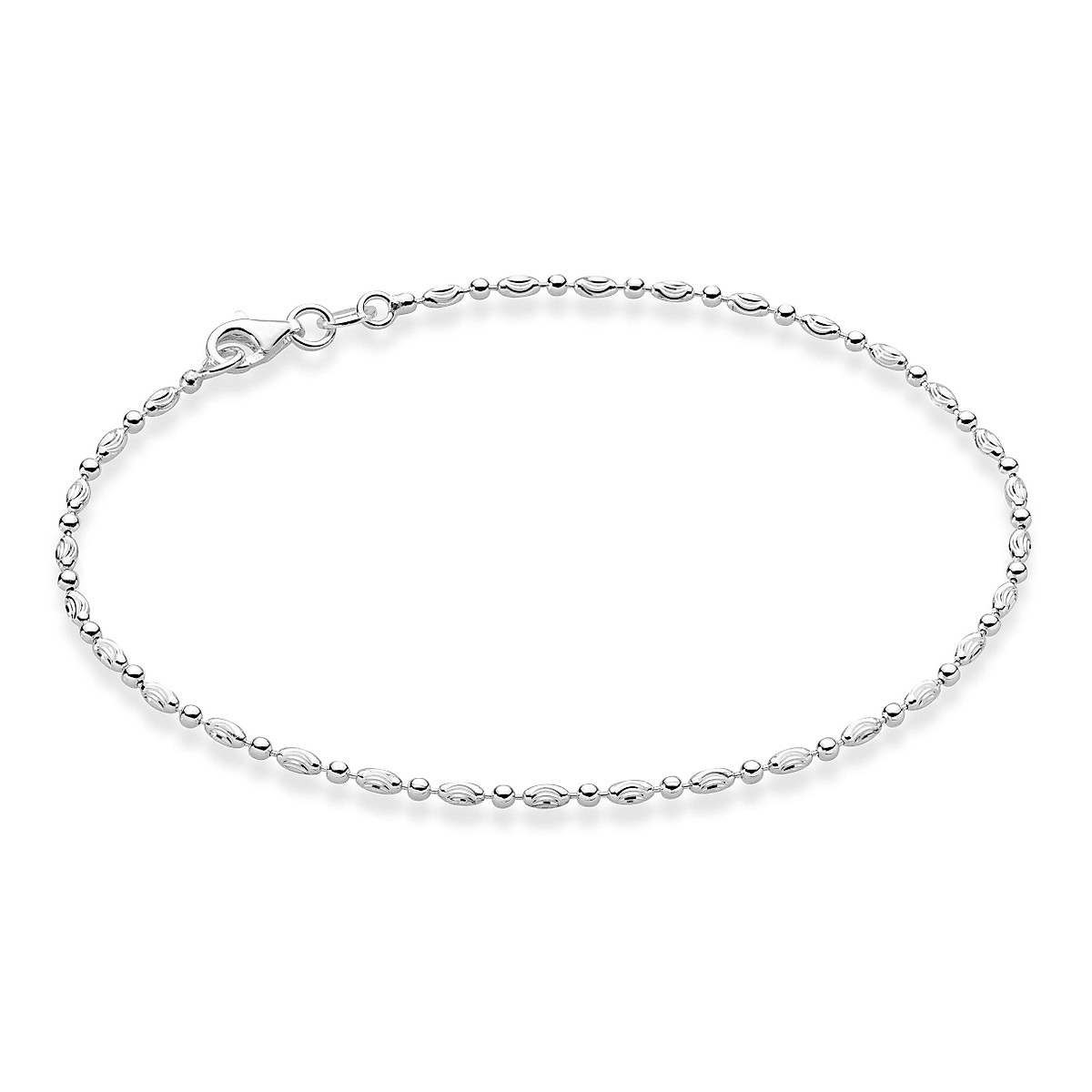 Miabella 925 Sterling Silver Diamond-Cut Oval and Round Bead Ball Chain Anklet Ankle Bracelet for Women, Made in Italy (sterling-silver, Length 10 Inches)