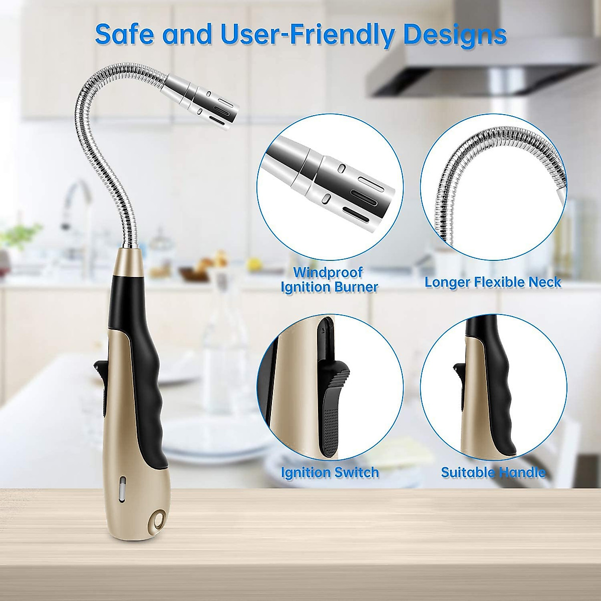 Butane Lighter Torch Long Lighter Jet Flame Windproof Lighter with Visual Fuel Window for Fireplace Kitchen Grill BBQ Camping, Gold (No Butane Included)