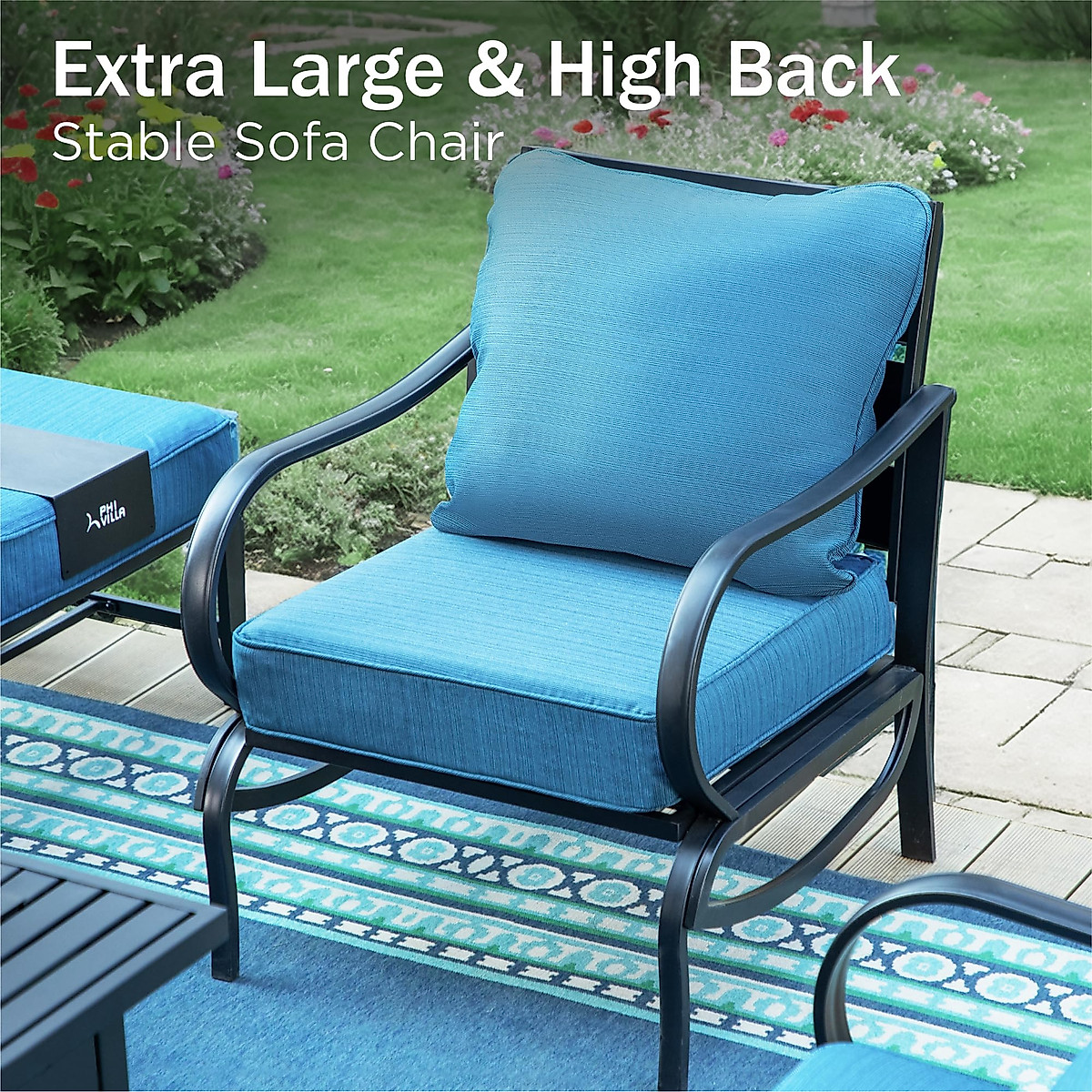 PHI VILLA 7 PCS Patio Furniture Set,Metal Outdoor Furniture with 1x 3 Seater Cushioned Deep Seating Bench Sofa, 2 Swivel Sofa Chair, 2 x Leg Sofa Chairs & 2 Ottoman for 7 Person, Peacock Blue
