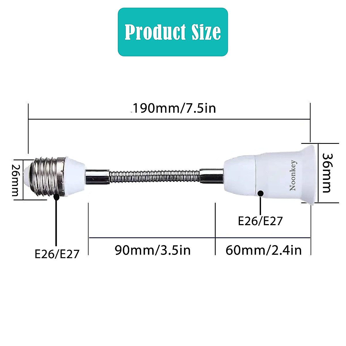 Light Socket Extender [2-Pack], 360 Degree Adjustable Flexing Neck, 19 CM/7.5 Inch Extension Adapter, Compatible with All E26/E27 of Bulbs Screw Base, PBT Fireproof Material, White