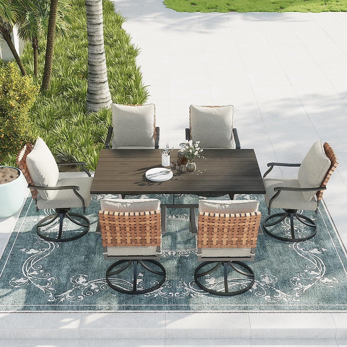 Grand patio 7-Piece Outdoor Dining Set, 6 Leather-Look Wicker Swivel Patio Chairs & 1 Rectangular Dining Table, Black