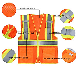 SULWZM High Visibility Reflective Safety Vest with Zipper and Pockets Orange,M