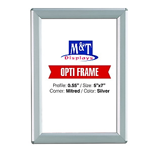 M&T Displays Opti Snap Poster Frame 5x7 Inch with Back Support Silver 0.55" Aluminum Profile Front Loading Photo Picture Document Certificate Sign Holder Mitered Corner Anti Glare Cover
