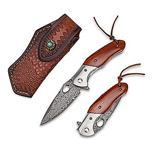 STANBIK Damascus Pocket Knife with Sheath,3.1 inch Damascus Steel Folding Knife，Sandalwood Handle,EDC Pocket Knives for Hiking Camping.