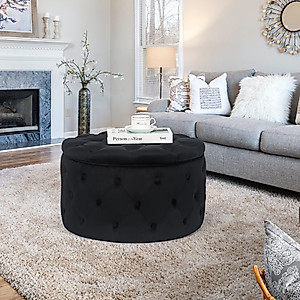 Homebeez 24.8" Round Velvet Storage Ottoman, Button Tufted Footrest Stool Coffee Table for Living Room, Black