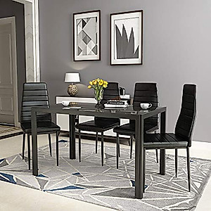DKLGG 5-Piece Kitchen Table Set for Dining Room, 4 Faux Leather Metal Frame Chairs, Dinette, Compact Space w/Glass Tabletop, 47.25'' L x 27.56'' W x 29.5'' H, Black…