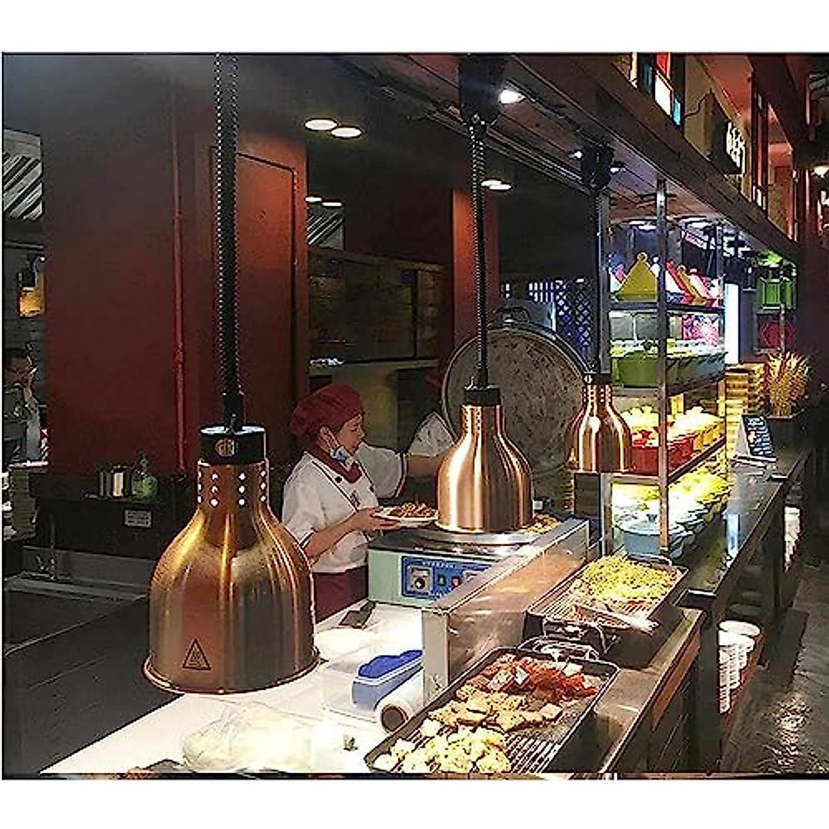 LINKANRUO 250W 19cm Commercial Heat Lamp Food Warmer, Food Heating Lamp for Restaurant and Buffet, Keep Food Warm, Telescopic Hanging Chandelier with Heating Lamps(Gold)