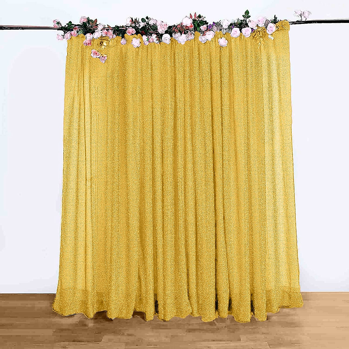 Hanha 2PC-5X10FT Gold Metallic Shiny Spandex Backdrop Curtain Party Wedding Backdrop Photography Background Photo Booth Studio Background Home Party Supplies Christmas Decor (Gold)