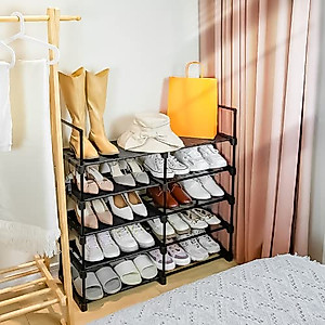 Goramio 10 Tiers Tall Shoe Rack, 20-24 Pairs Shoe and Boots Storage Organizer, Stackable Metal Shoe Shelf with Hooks, Space Saving Narrow Shoe Rack for Entryway, Closet, Bedroom, Sturdy, Black