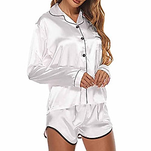 FAVIPT Lounge Sets For Women Silk Satin Pajama Set Plus Size Long Sleeve Button Sleep Shirt And Shorts Soft Sleepwear White