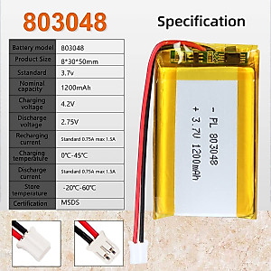 3.7V 1200mAh 803048 Lipo battery Rechargeable Lithium Polymer ion Battery with JST Connector