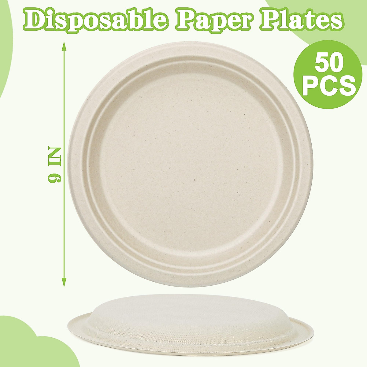 50 PCS Compostable Paper Plates, 9" Heavy Duty Disposable Plates, Biodegradable Sugarcane Fiber Natural Bagasse Party Plates Microwave Safe Dinner Plates Bulk for Daily Use Birthday Wedding Picnic