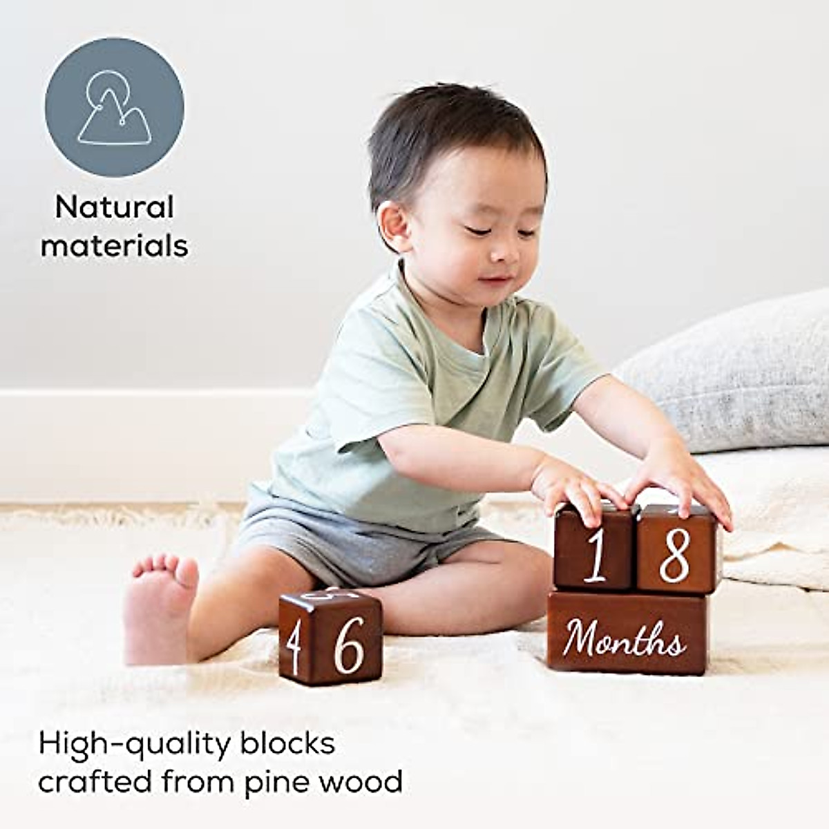 First Landings Milestone Blocks - Wooden Milestone Markers for Baby's First Year - Dark Brown