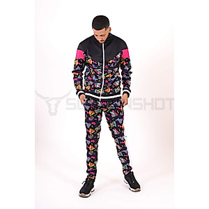 SCREENSHOT-F11904 Mens Urban Hip Hop Premium Track Jacket - Slim Fit 80's Retro Pattern Print Streetwear Fashion Top-Black/Pop-Large