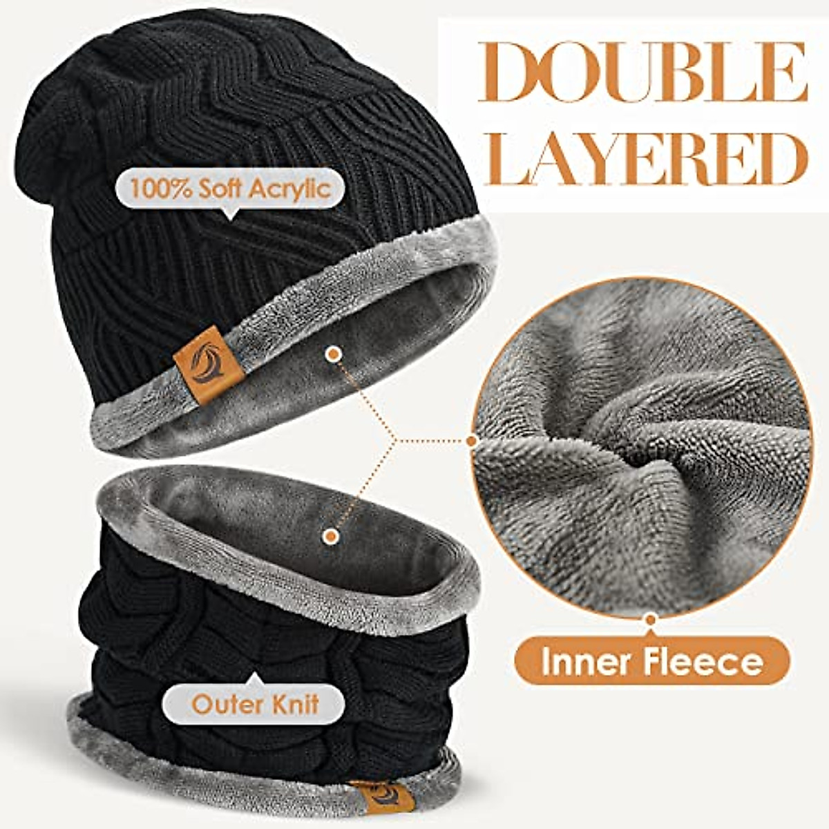 Beanie Hats for Men Women - Neck Warmer Winter Hat Scarf Set Gifts for Man Woman, Dual Layered Fleece Lined Winter Cap, Chunky Toboggan Knit Hat, Thick Soft Stretchy Skull Cap Black Stocking Stuffer