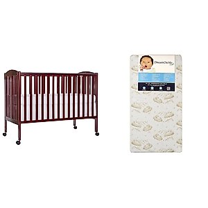 Dream On Me Full Size 2 in 1 Folding Stationary Side Crib with Dream On Me Spring Crib and Toddler Bed Mattress, Twilight