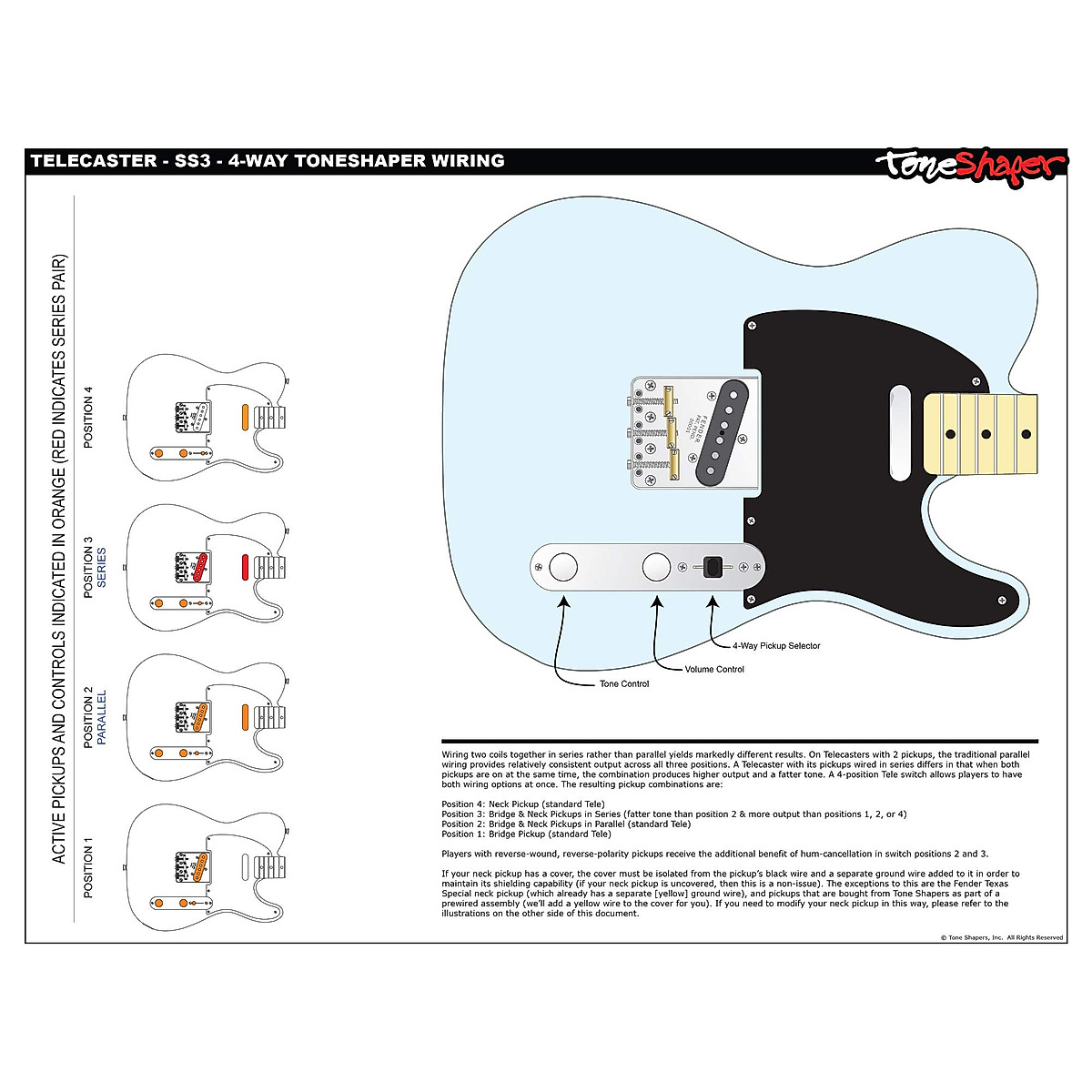 ToneShaper Guitar Wiring Kit, For Fender Telecaster, SS3 (4-Way ToneShaper Wiring)