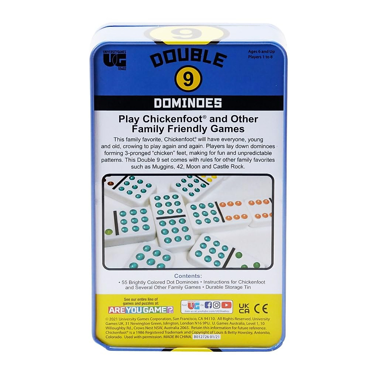 Front Porch Classics | Double 9 Colored Dot Dominoes Travel Tin Set, 2 to 8 Players Ages 8 to 99