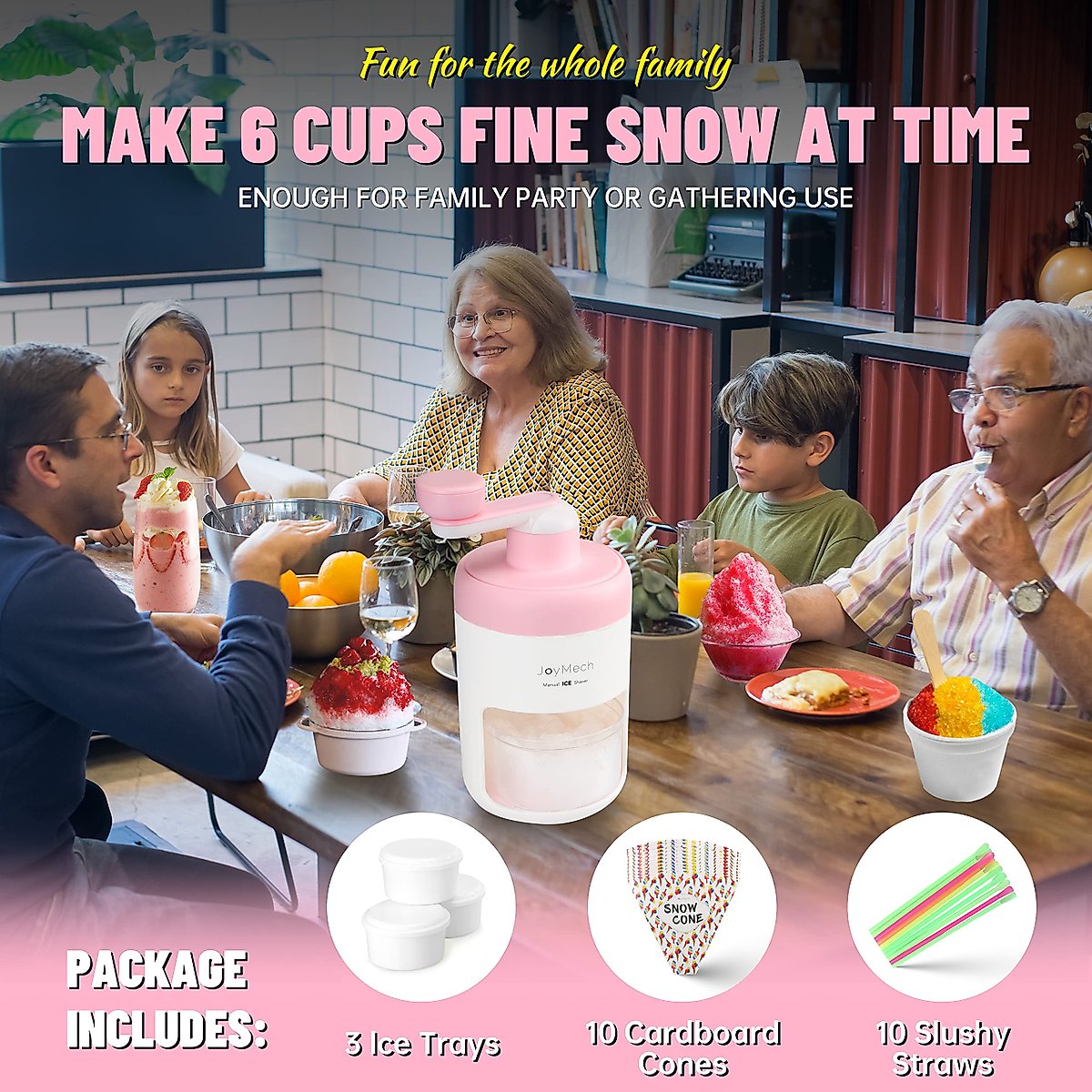 JoyMech Manual Shaved Ice Maker Machine Set with 10 Cardboard Cones, 10 Slushy Straws and 3 Ice Trays, Instant Ice Shaver, Snow Cone Machine, Ideal for making Snowcones and Slushy (Pink)